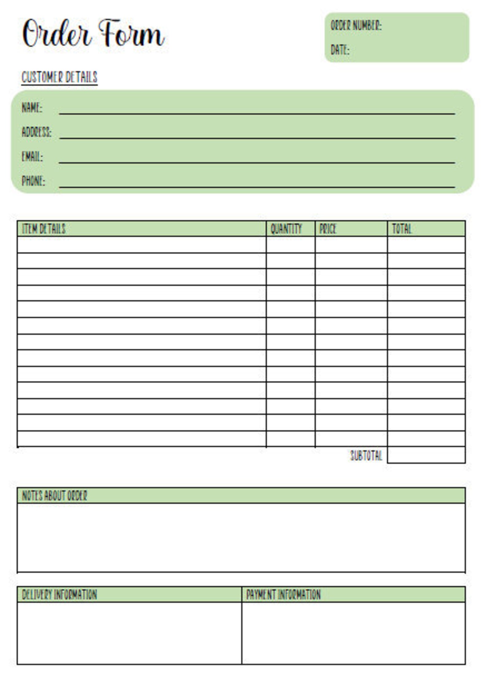 Green Order Form Template Editable, Printable Order Form, Purchase ...
