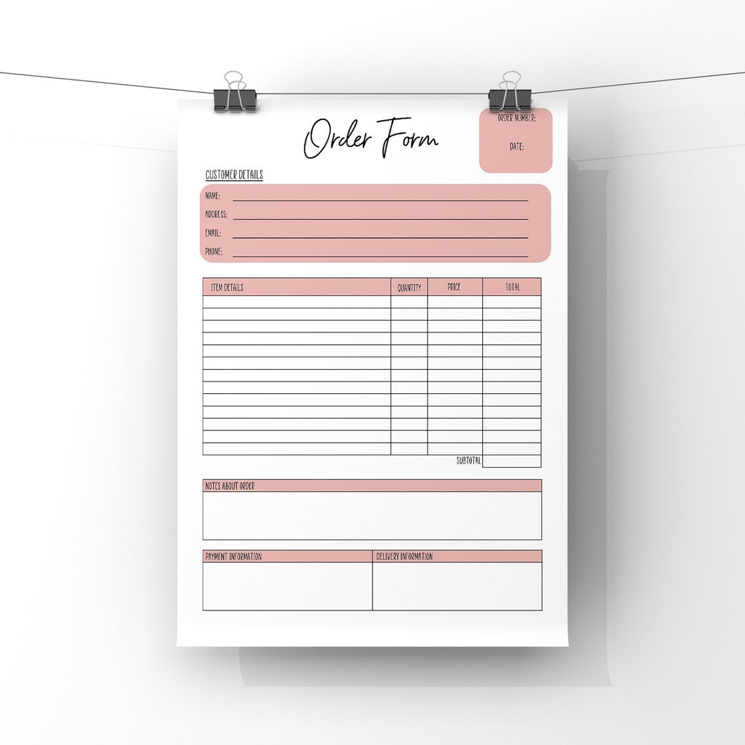 Blush Pink Order Form Template Editable, Printable Order Form, Purchase ...