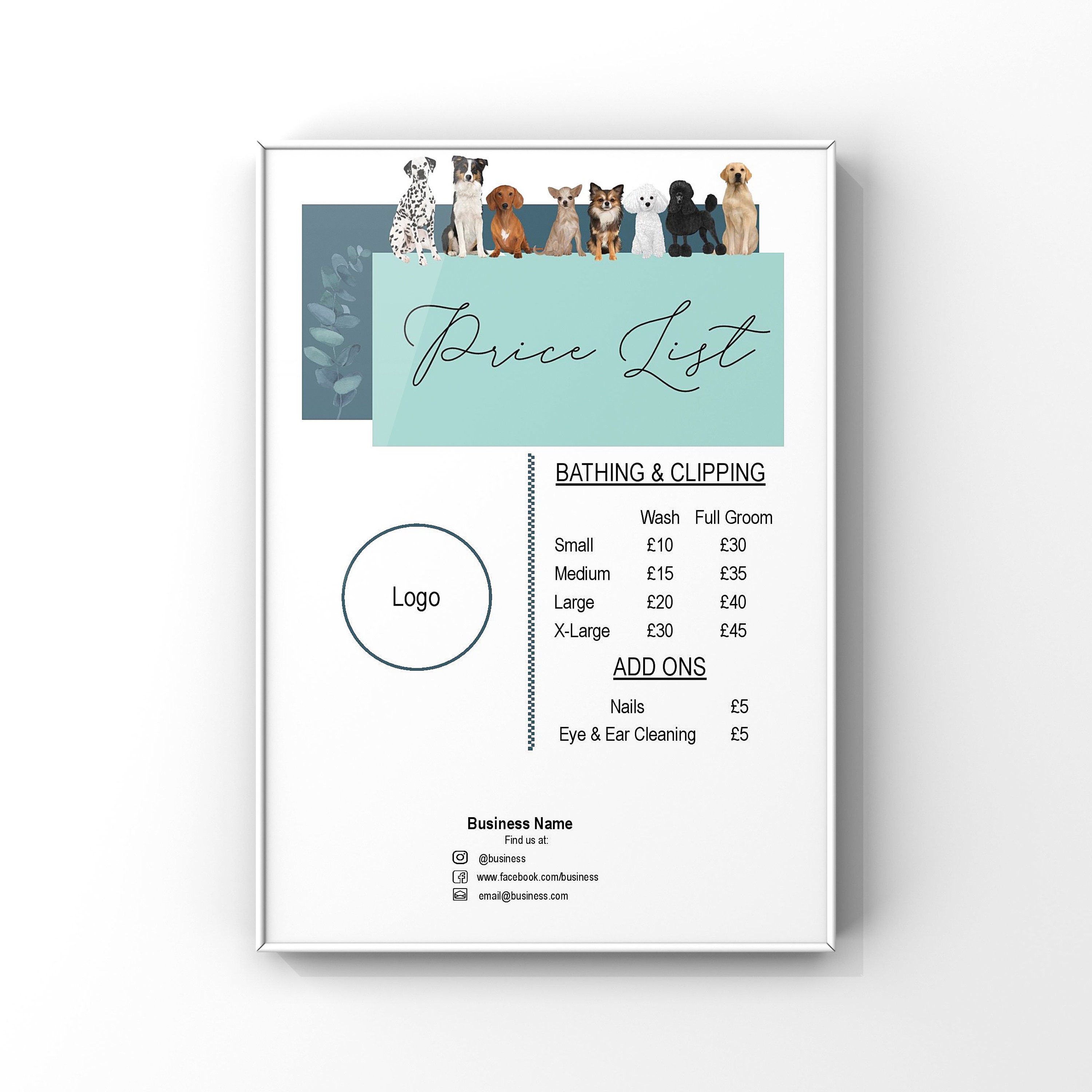 Dog Groomer Price List Template Printable Price List Teal Etsy UK