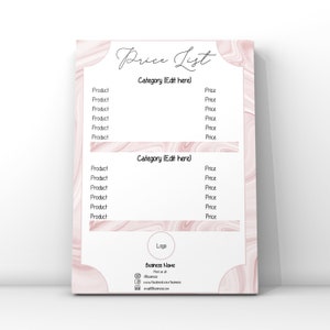 Pink Marble Price List Template, Printable Price List, Beauticians ...