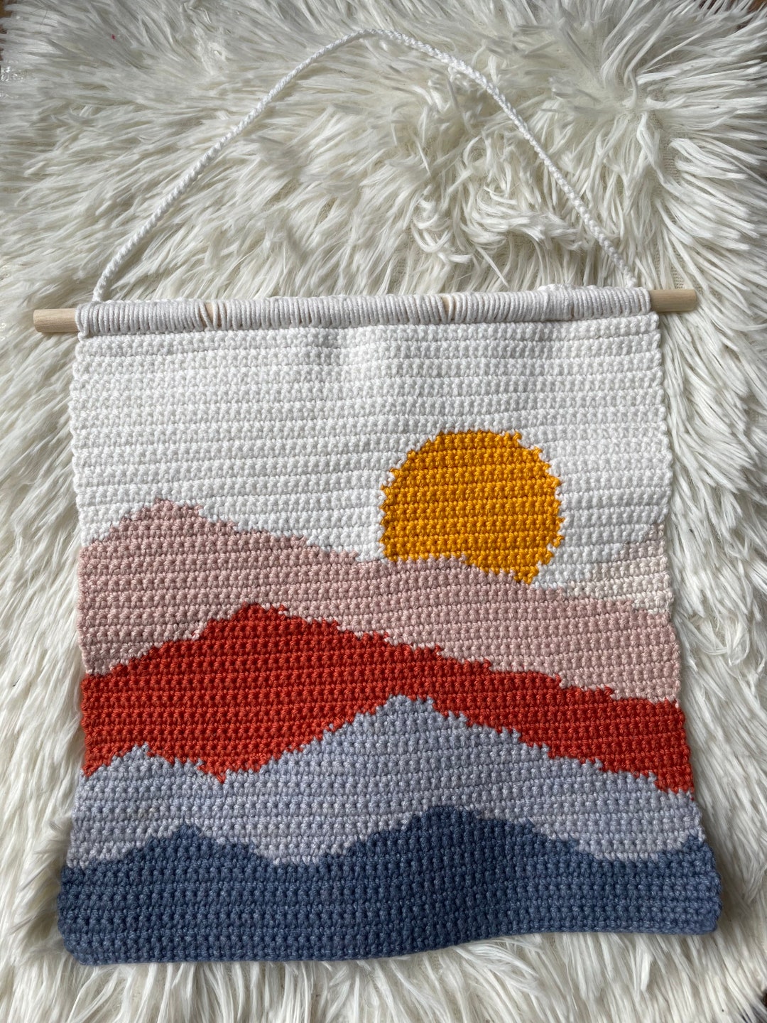 The Sun Ridge Crocheted Wall Hanging, Artisanal Sunset Mountain ...