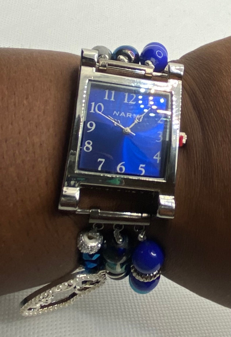 Blue Square Face Watch With Beaded Band - Etsy