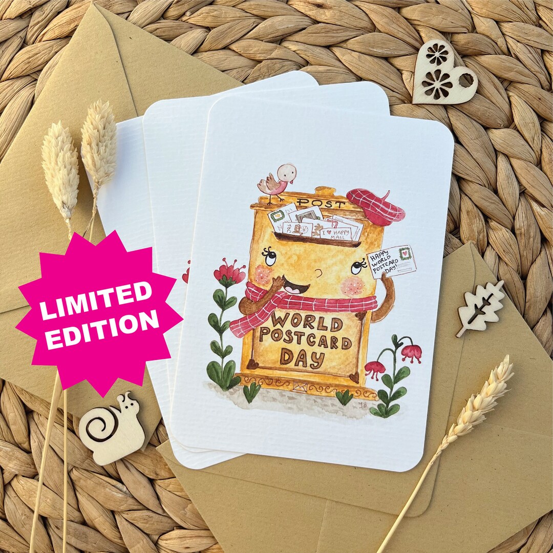 World Postcard Day Postcard: Cheerful Yellow Mailbox | Hand-drawn ...