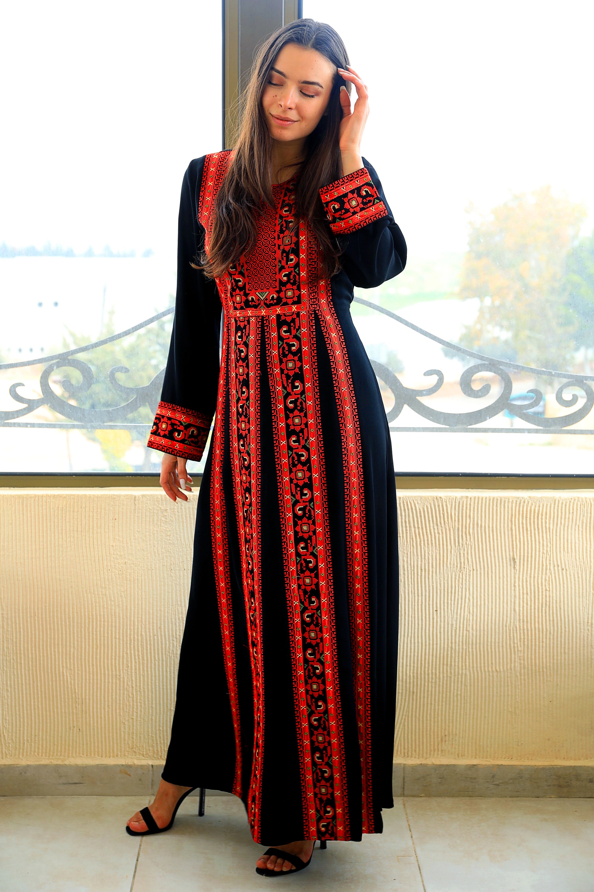 Palestinian Embroidered Thawb Dress Available In Red And Gold Etsy