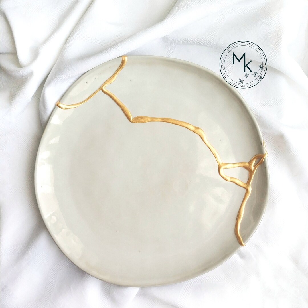 White Ceramic Kintsugi Plate, Special Edition 22 Carat Pure Gold, Hand ...