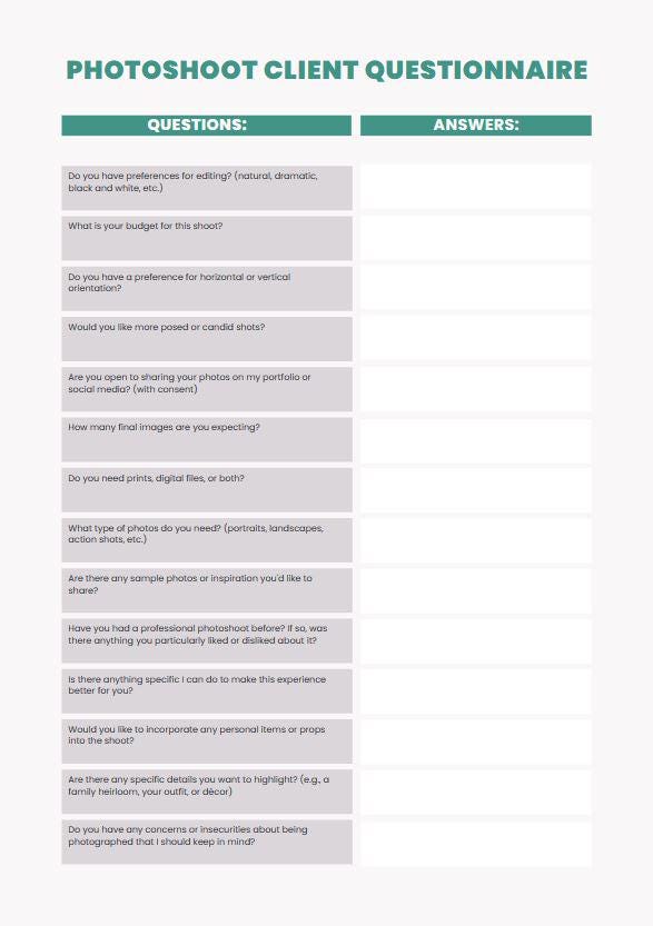 Printable Photoshoot Questionnaire, Photography Worksheet, Photo ...