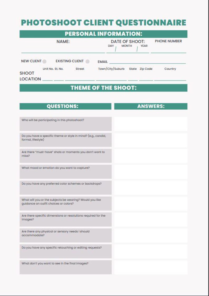 Printable Photoshoot Questionnaire, Photography Worksheet, Photo ...
