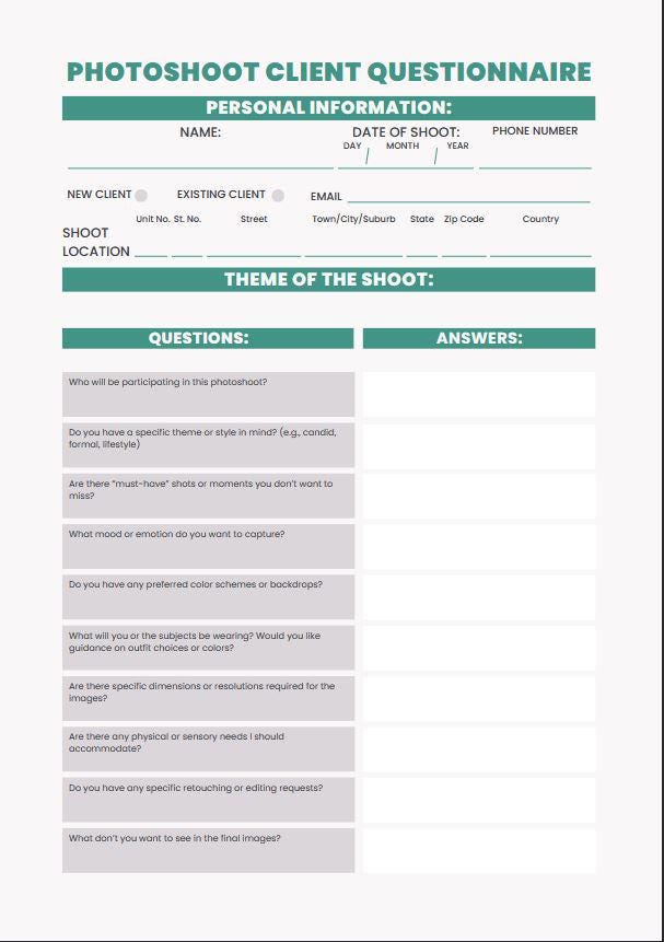 Printable Photoshoot Questionnaire, Photography Worksheet, Photo ...