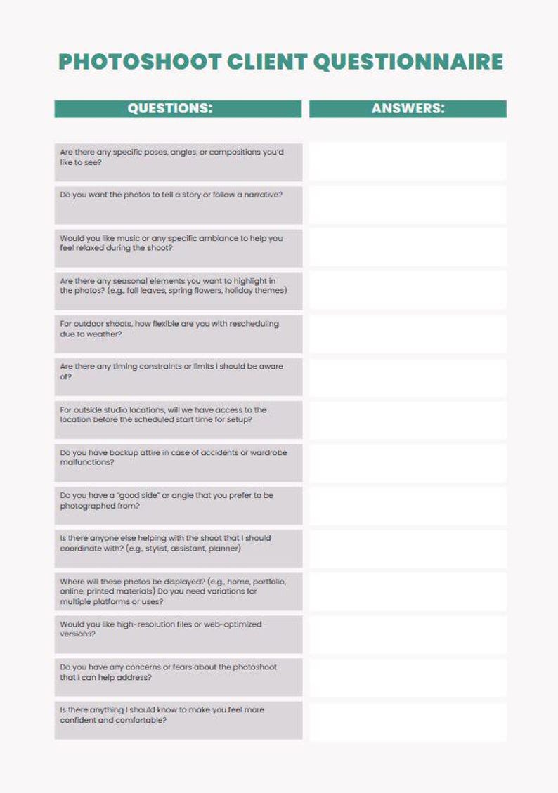 Printable Photoshoot Questionnaire, Photography Worksheet, Photo ...