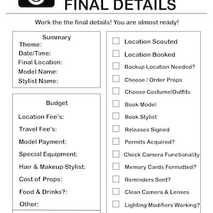 Printable Photoshoot Planner, Photography Worksheet, Photo Session ...