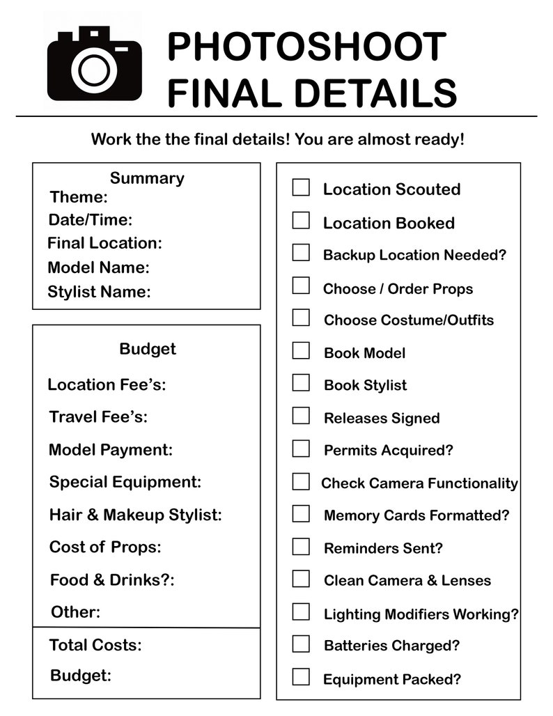 Printable Photoshoot Planner, Photography Worksheet, Photo Session ...