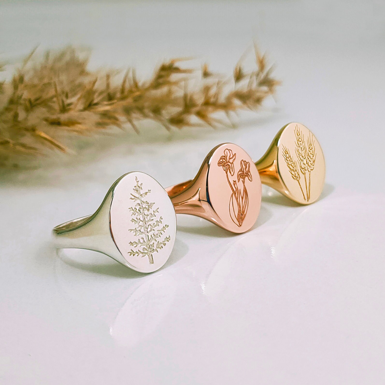 Iris Flower Signet Ring: Engraved Sterling Silver, Personalized Floral ...