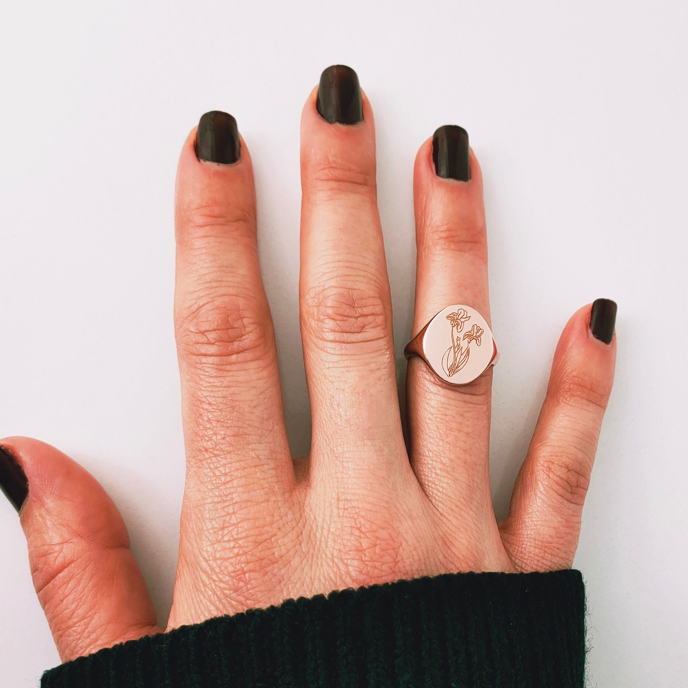 Iris Flower Signet Ring: Engraved Sterling Silver, Personalized Floral ...