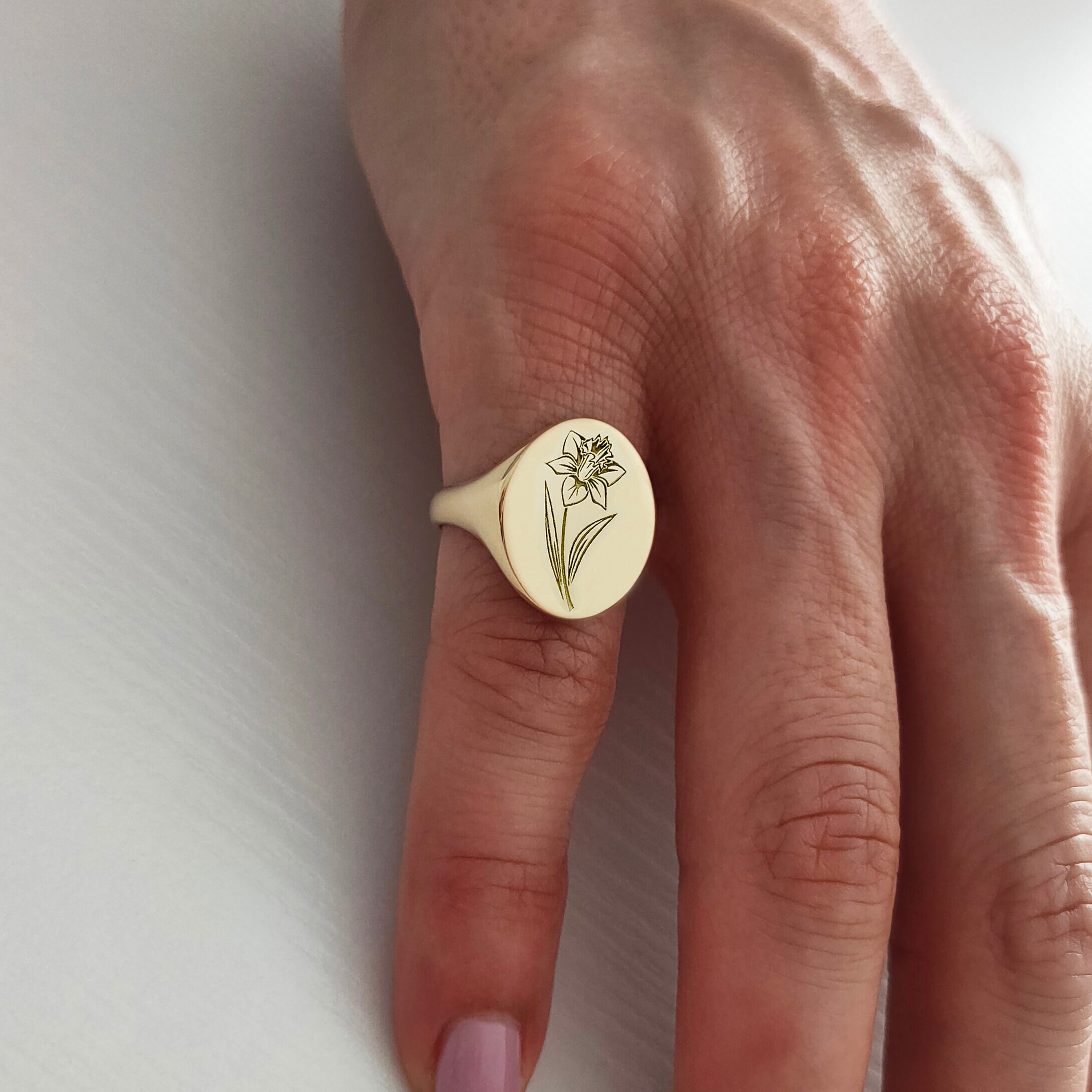 Daffodil Signet Ring: March Birth Flower, Sterling Silver, Personalized ...