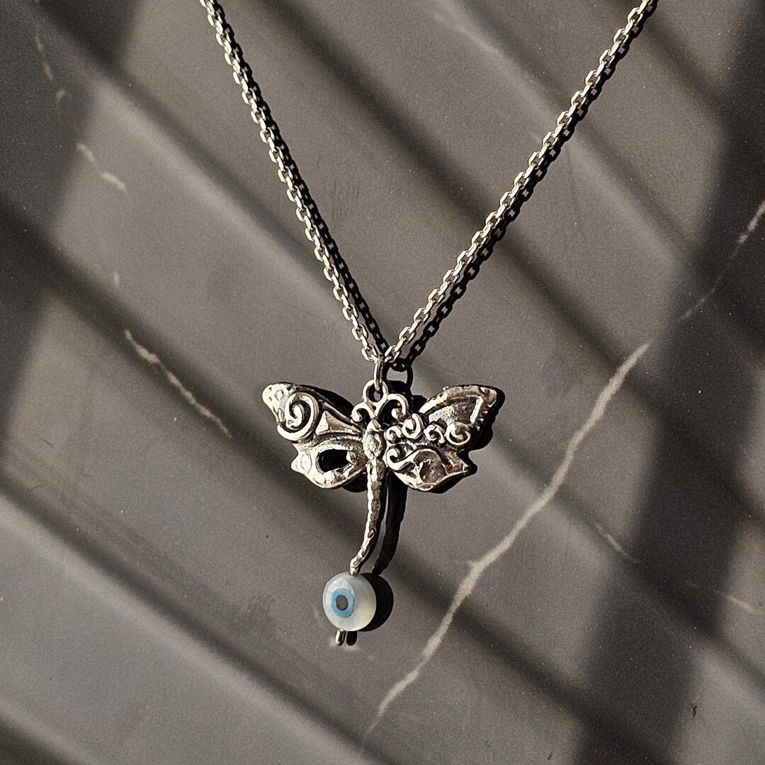 Dragonfly Necklace With Evil Eye Charm, Protective Evil Eye Dragonfly ...