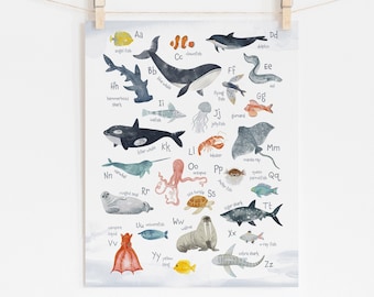 Ocean Animals Alphabet Poster, Kids Wall Art, Sea Life ABC Print ...