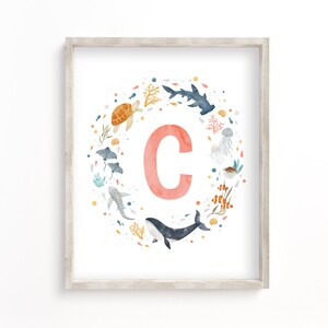 Ocean Monogram Nursery Print: Watercolor Sea Animals Initial Poster - Etsy