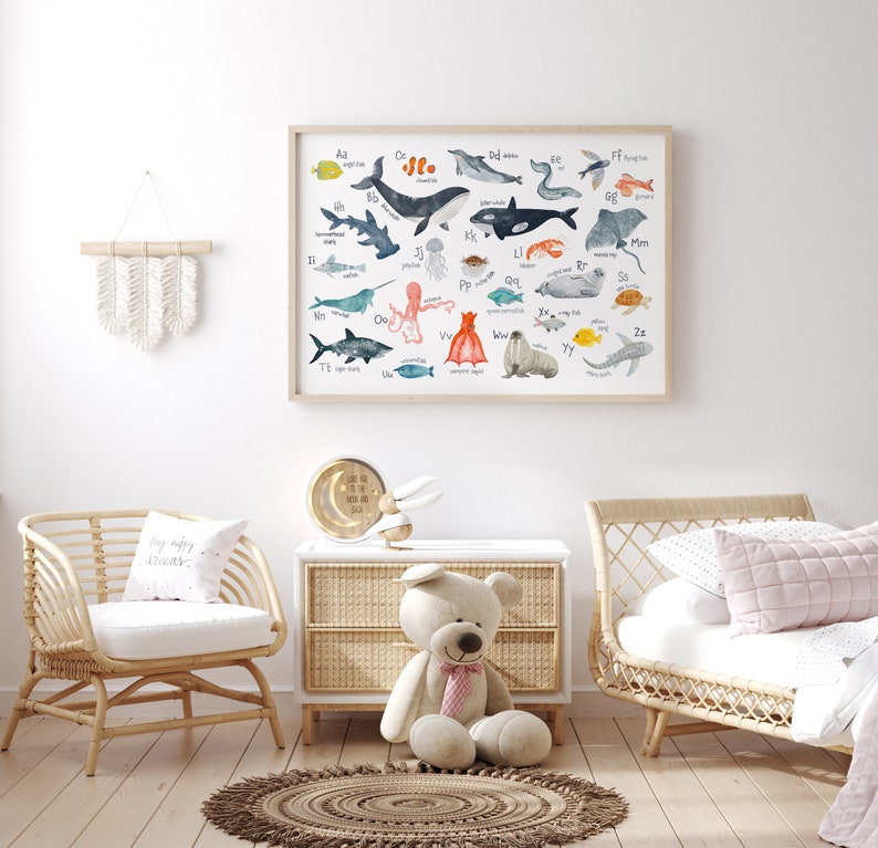 Watercolor Sea Animals Alphabet Poster: Horizontal Ocean Nursery Art ...