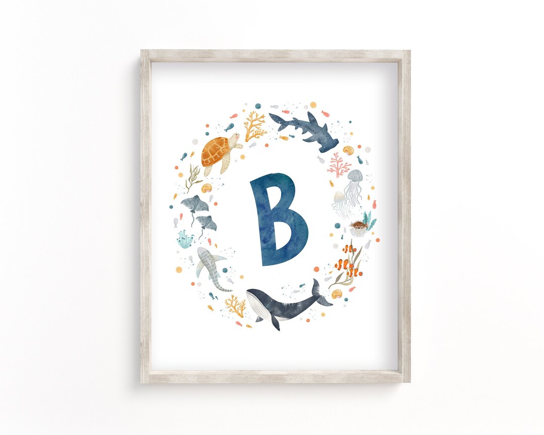 Ocean Monogram Nursery Print: Watercolor Sea Animals Initial Poster - Etsy