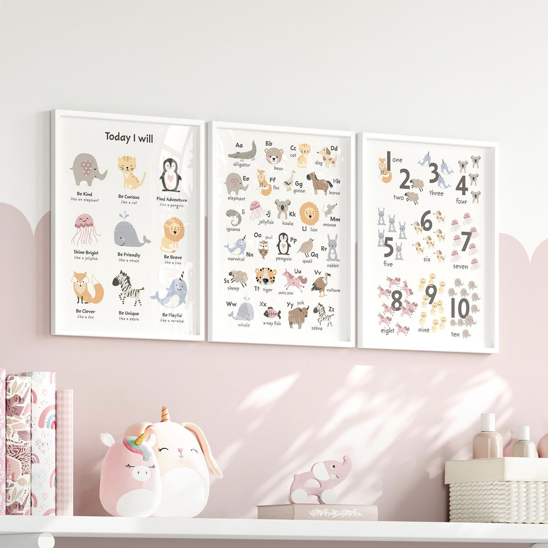 Pastel Animals Nursery Print Set of 2: Alphabet & Numbers Wall Art ...