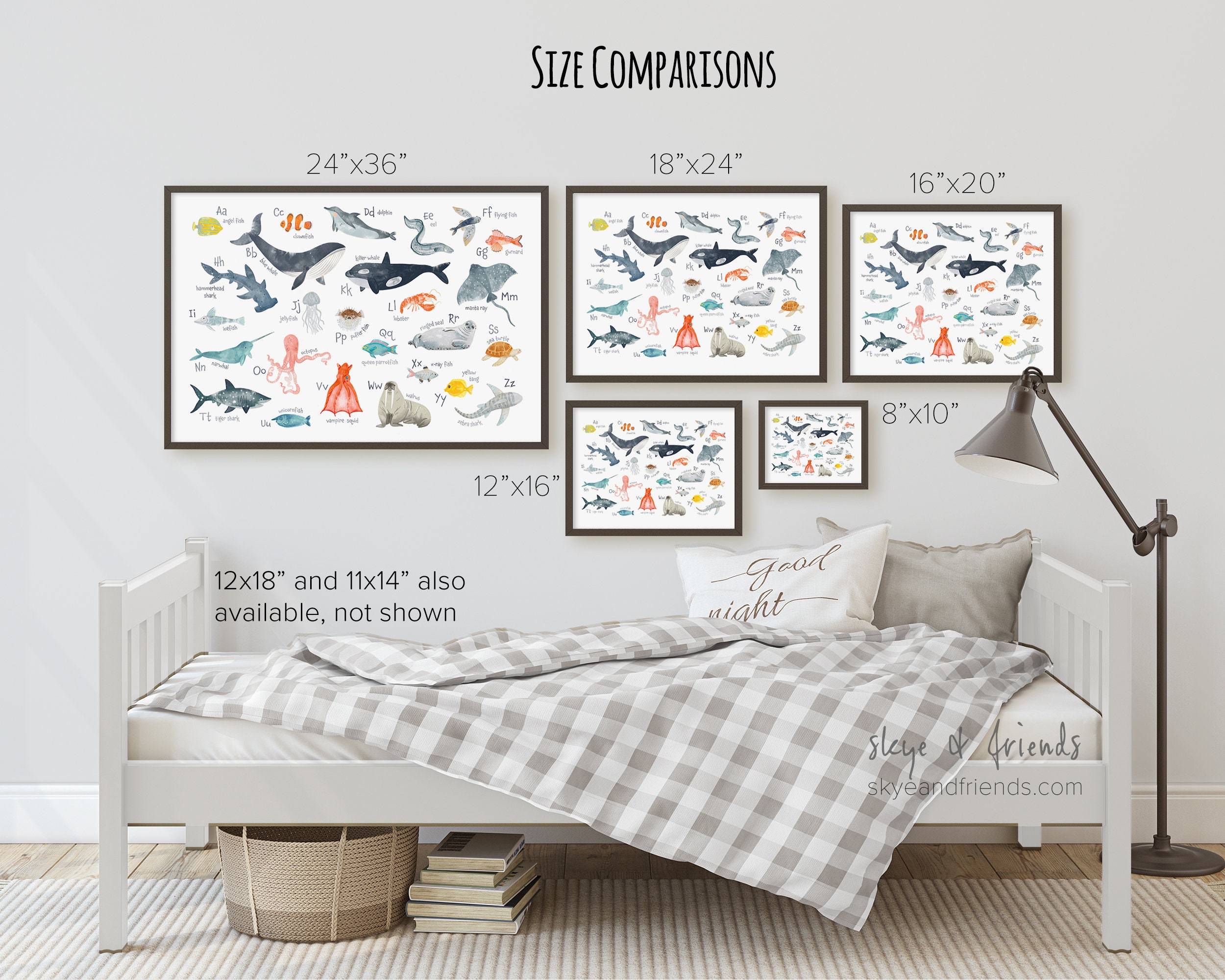Watercolor Sea Animals Alphabet Poster: Horizontal Ocean Nursery Art ...