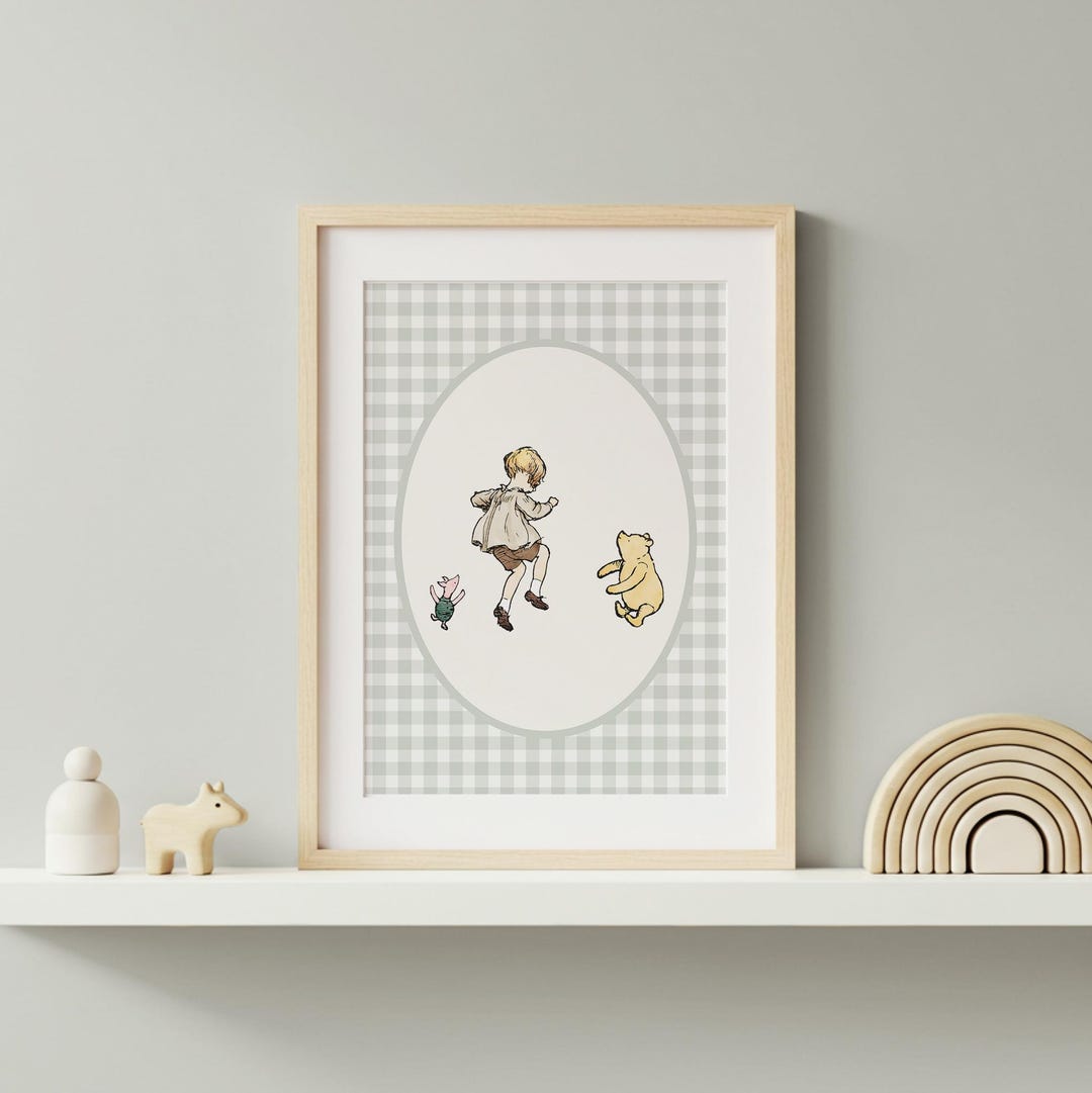 Winnie-the-pooh Sage Green Print for Nursery, Vintage Style Gingham ...