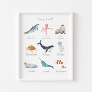 Sea Animals Positive Affirmations Poster: Kids Watercolor Nautical ...