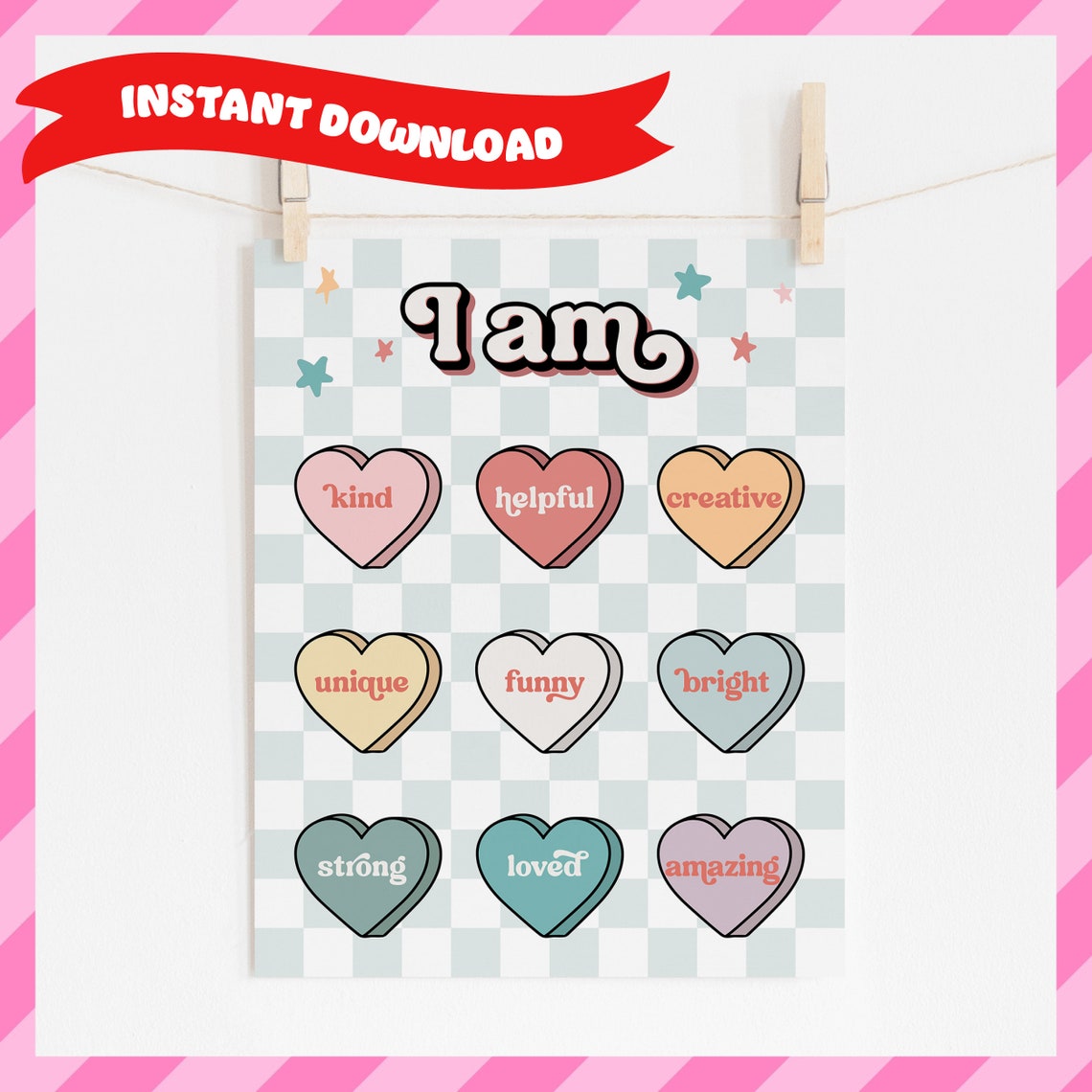 Retro Hearts Valentine's Day Printable Poster, Blue Checkered ...