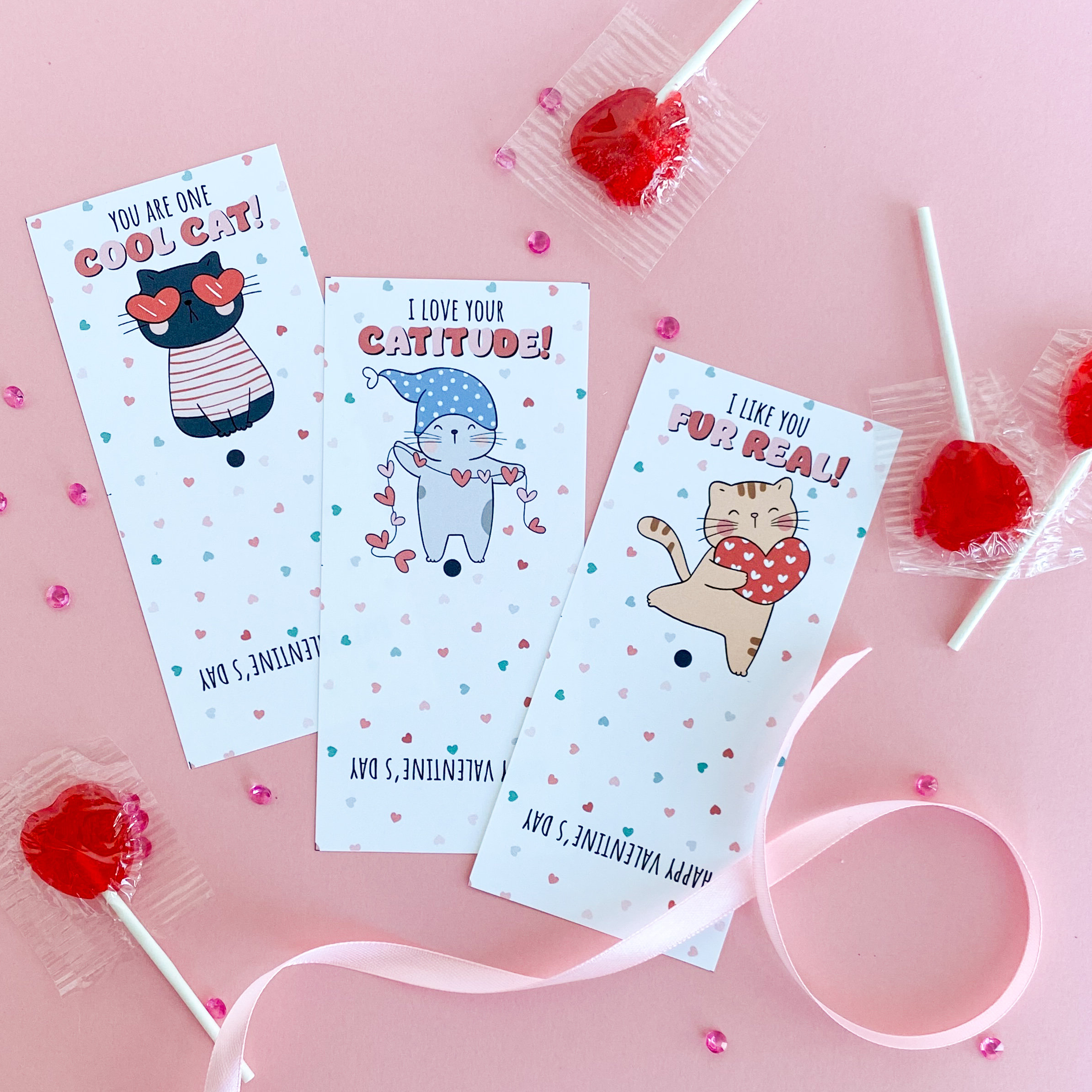 Cute Cat Valentine's Day Lollipop Card Printable for Kids, Toddler ...