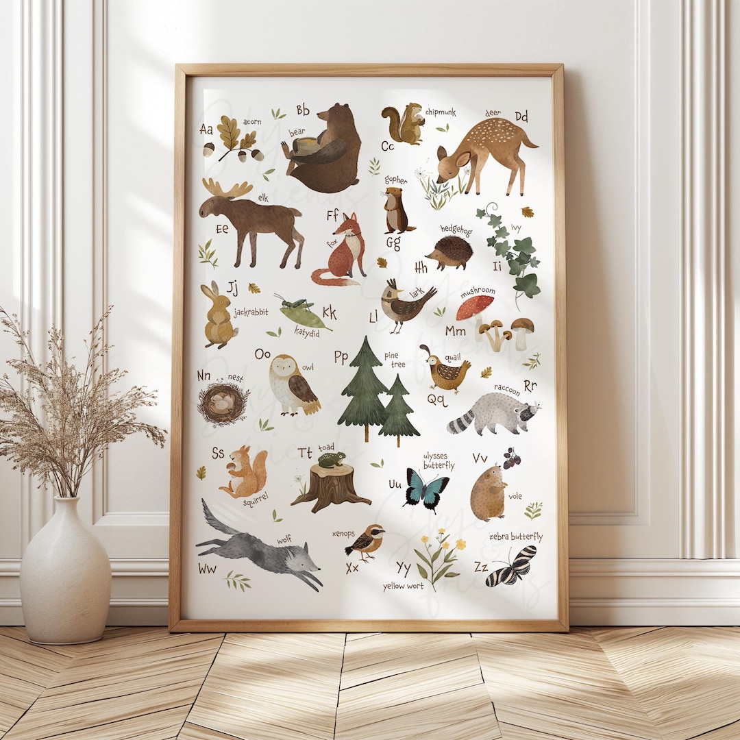 Woodland Themed Nursery Alphabet Print With Forest Animals, Educational ...