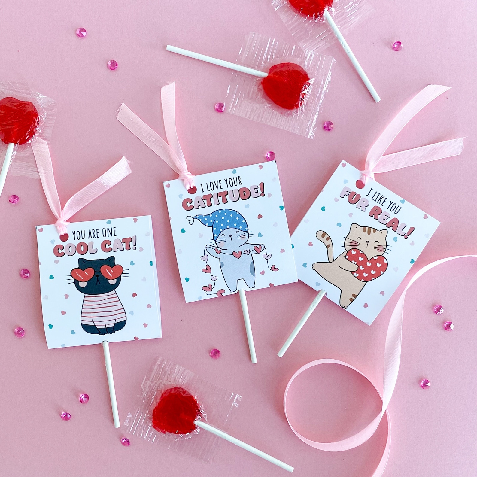 Cute Cat Valentine's Day Lollipop Card Printable for Kids, Toddler ...