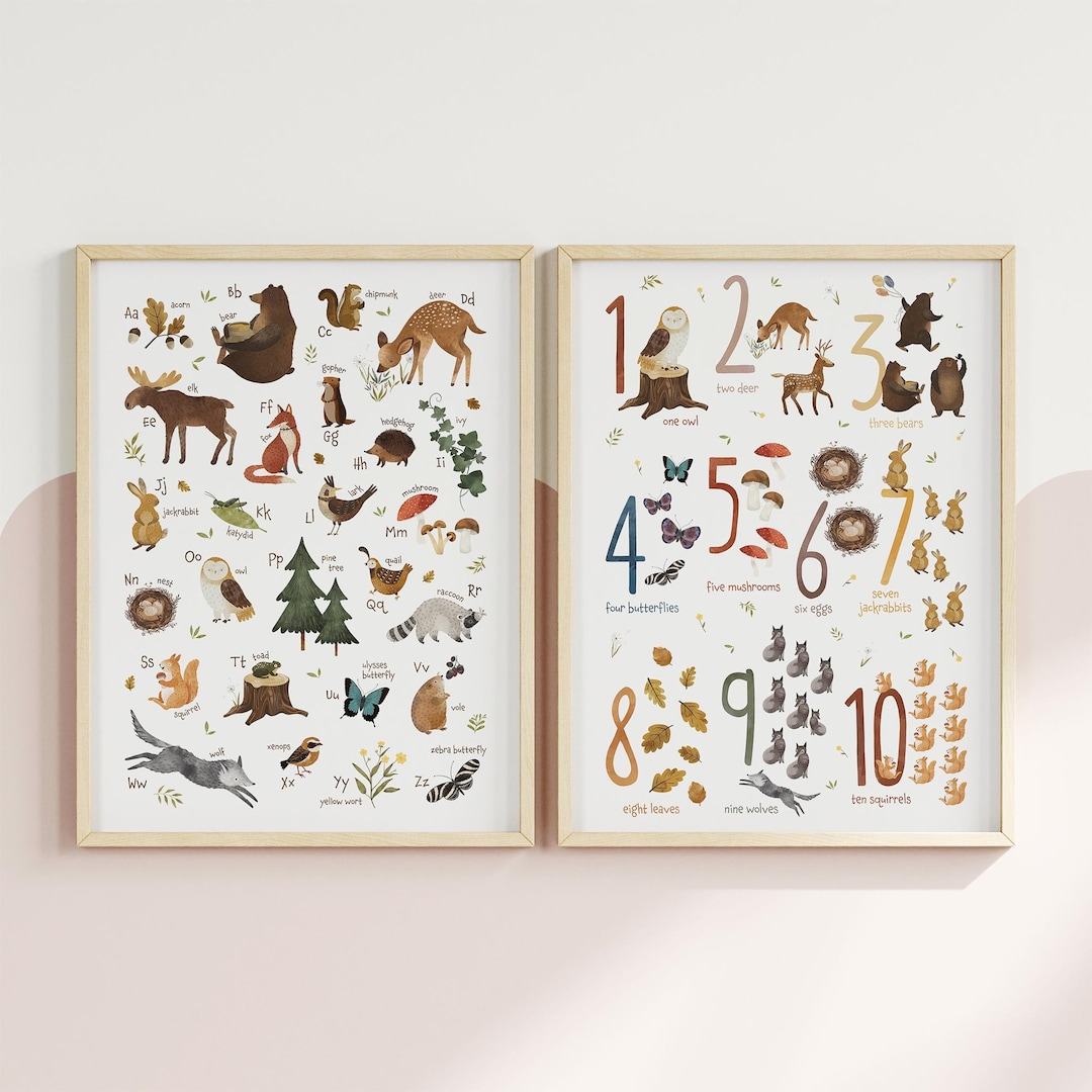 Woodland Animals Nursery Wall Art Set of 2, Educational Alphabet and ...