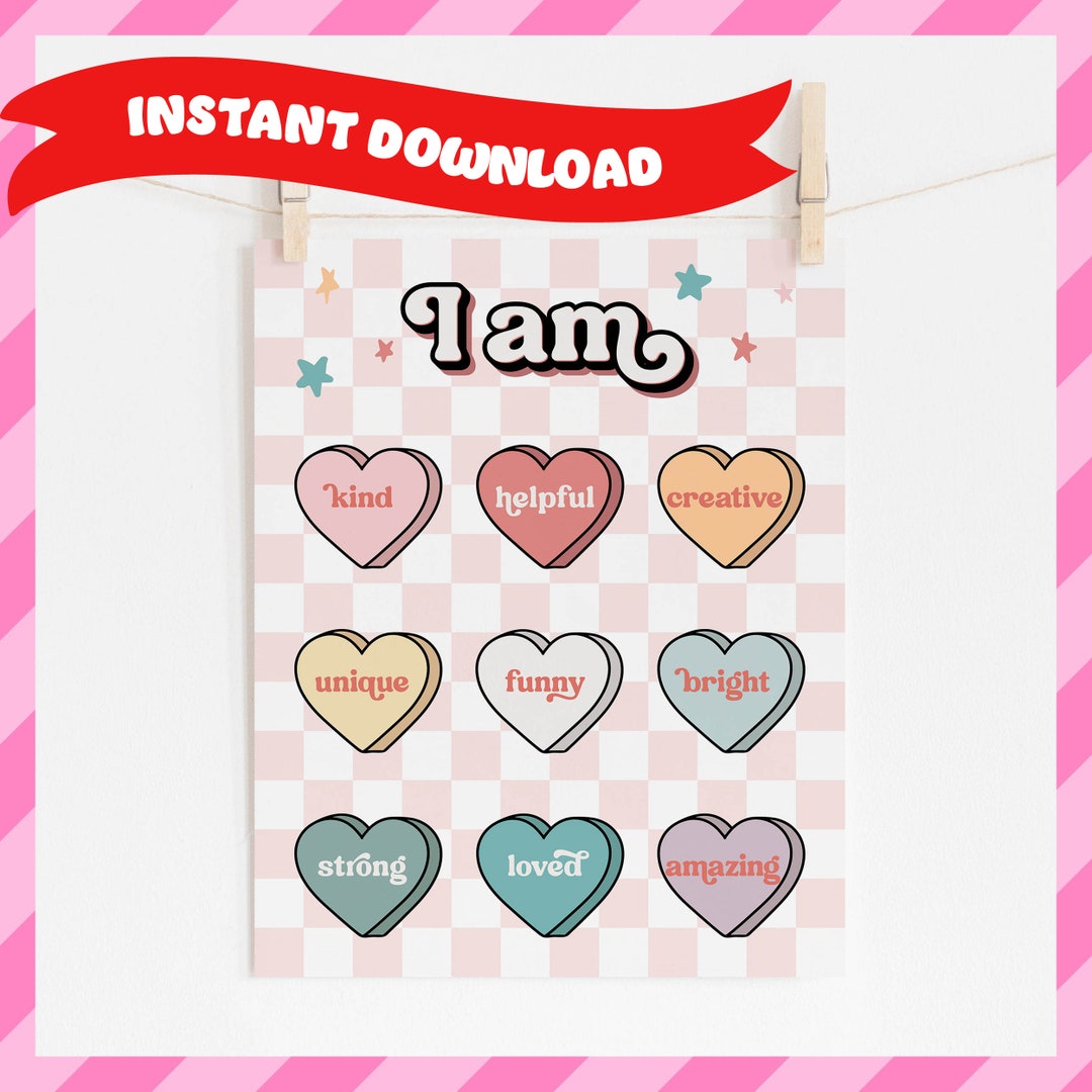 Retro Hearts Poster Digital Download, Pink Checkered Background ...