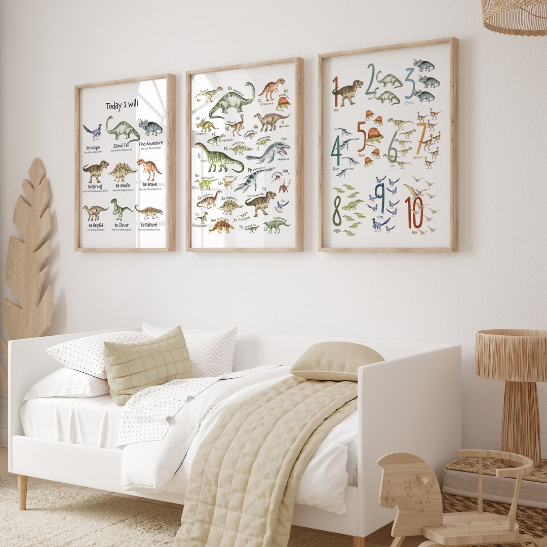 Dinosaur Nursery Prints Set: Watercolor Alphabet, Numbers, Affirmations ...