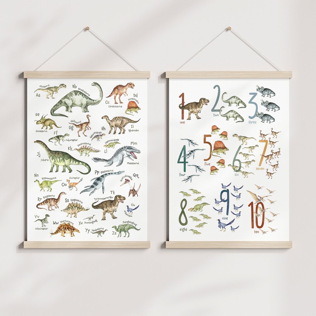 Dinosaur Alphabet & Numbers Nursery Prints: Watercolor Dino Wall Art ...