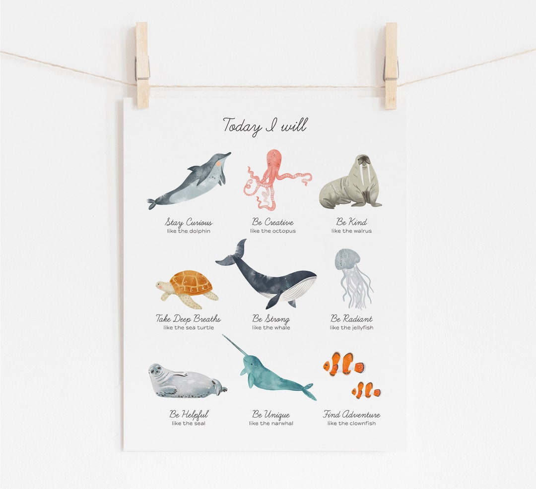 Sea Animals Positive Affirmations Poster: Kids Watercolor Nautical ...