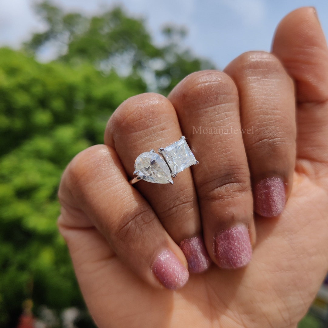 Princess & Pear Cut Moissanite Toi Et Moi Ring, 925 Sterling Silver Two ...