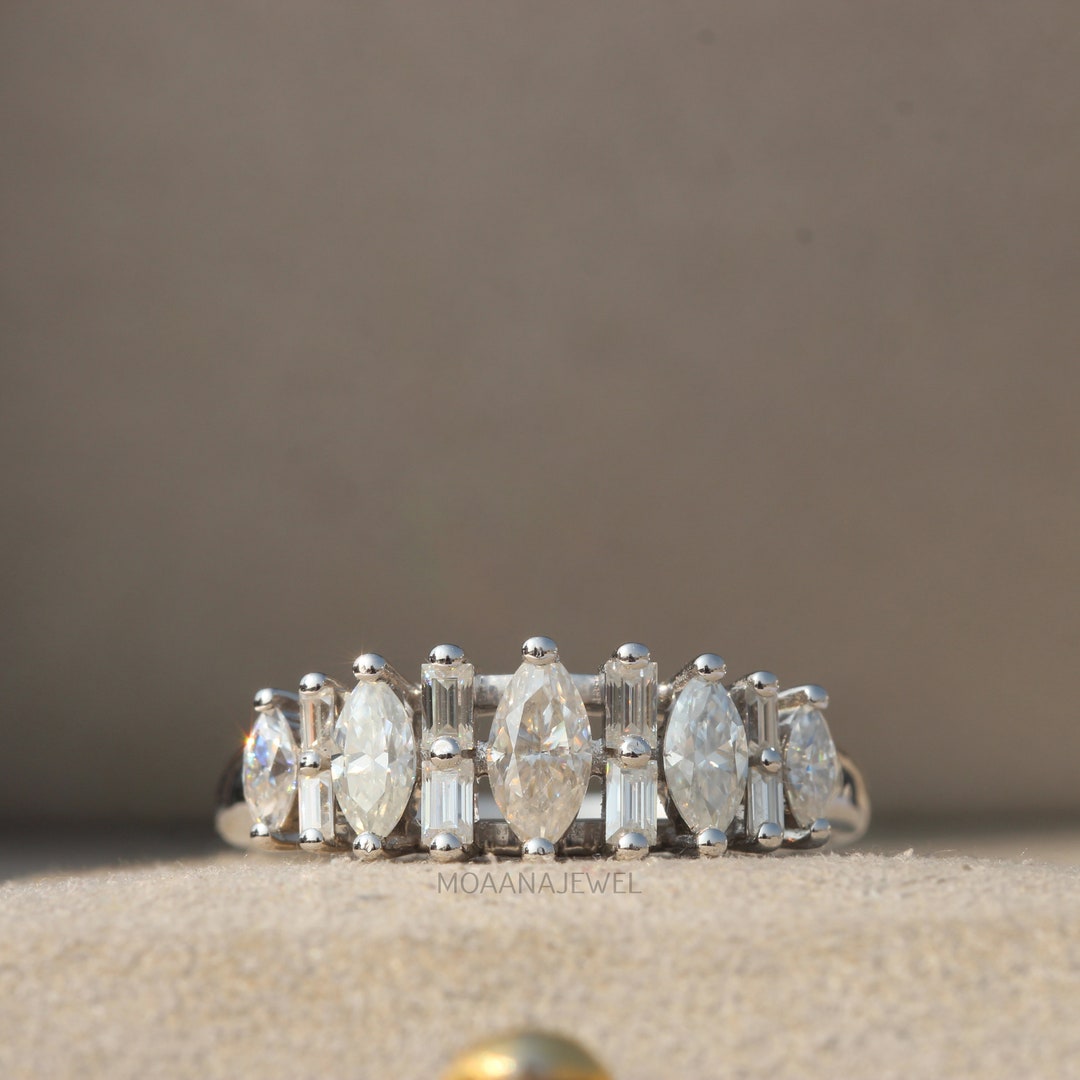 Art Deco Marquise & Baguette CZ Diamond Ring: Sterling Silver Dome Ring ...