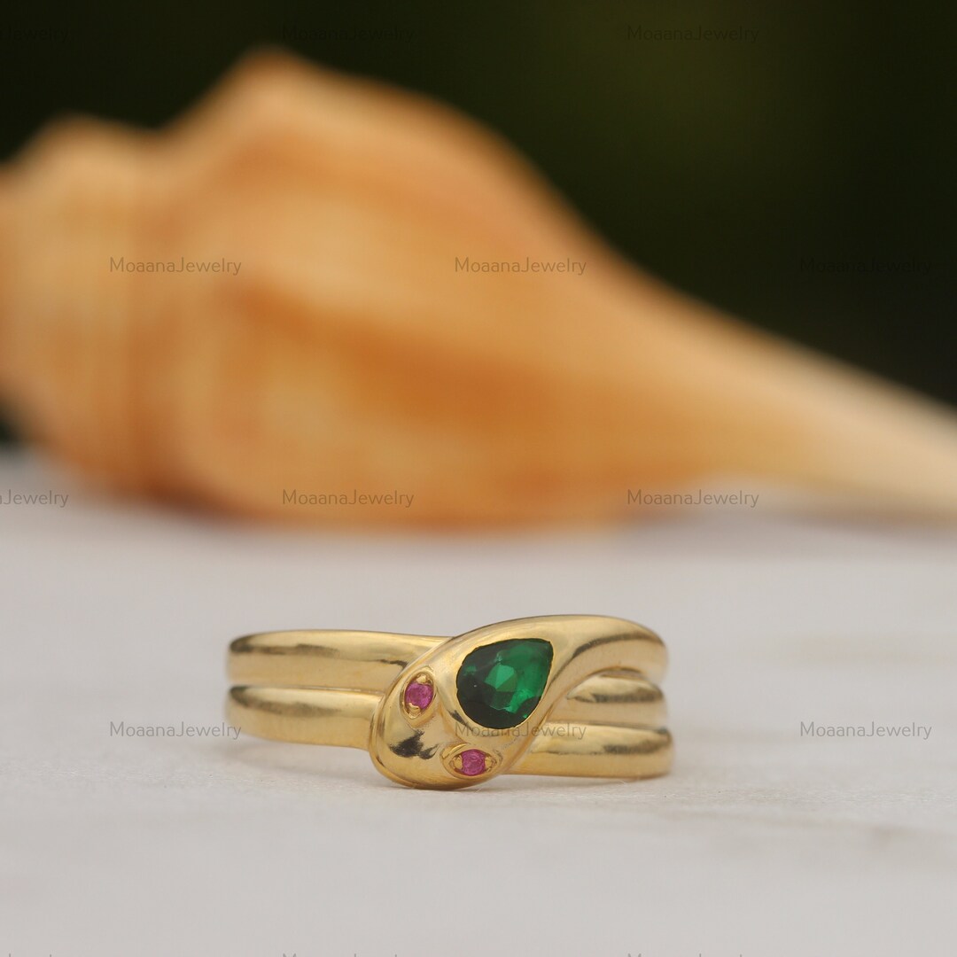 Green Pear Cut Diamond Snake Ring, 18K Solid Yellow Gold Two Coil Ruby ...