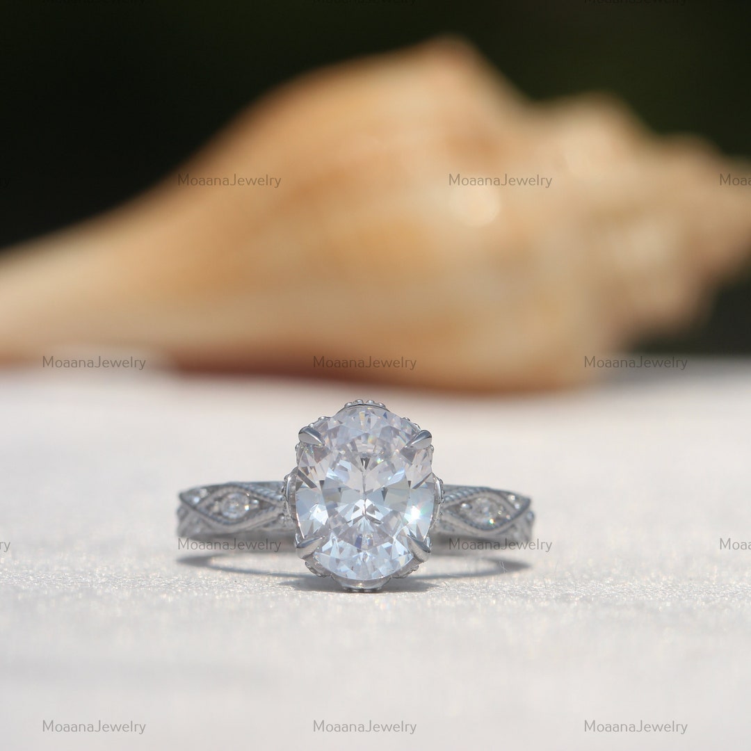 Oval Cut Moissanite Solitaire With Accent Ring, 925 Sterling Silver Vintage Ring, Three Side ...