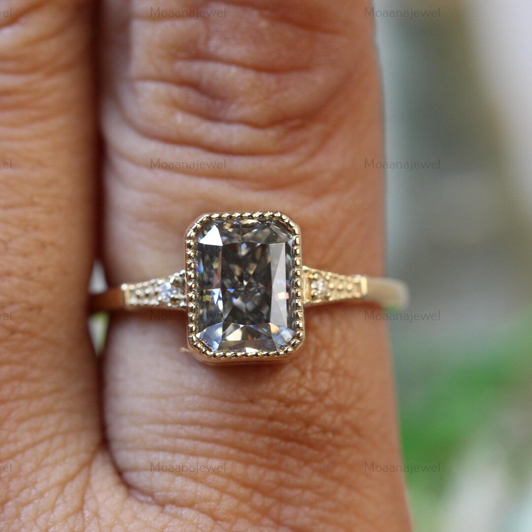 Gray Radiant Cut Moissanite Ring: 10K Yellow Gold Milgrain Bezel - Etsy