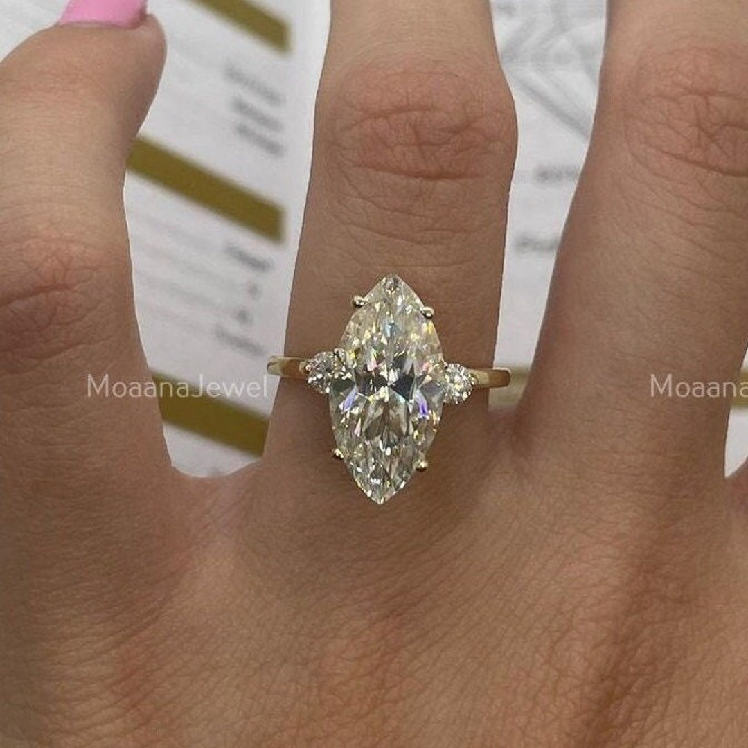 Marquise-cut Moissanite Three Stone Ring,14k Solid Yellow Gold Moissanite Bridal Wedding Ring ...