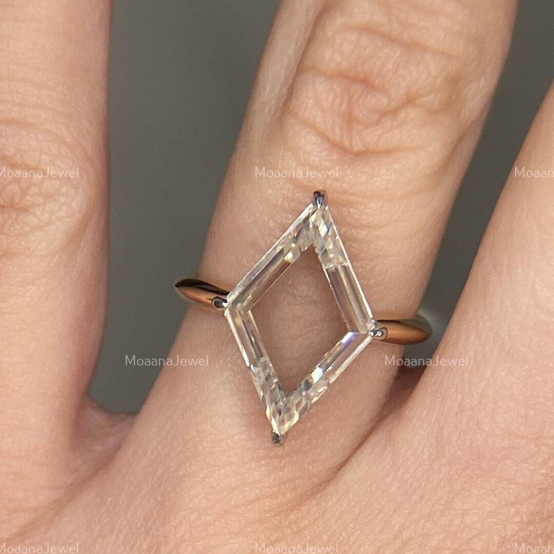 Portrait Cut Moissanite Lozenge Shape Ring, 10K Solid White Gold ...
