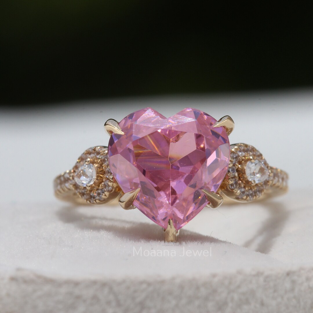 Pink Heart Cut Moissanite Three Stone Ring, 18K Solid Yellow Gold ...