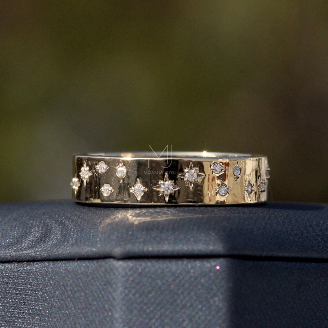 Art Deco Antique Star Engrave Wedding Band, 14K Solid Yellow Gold ...