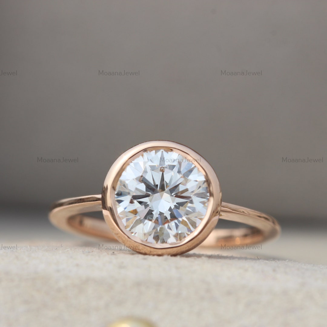 Round Cut Moissanite Full Bezel Solitaire Ring, 10K Solid Rose Gold One ...
