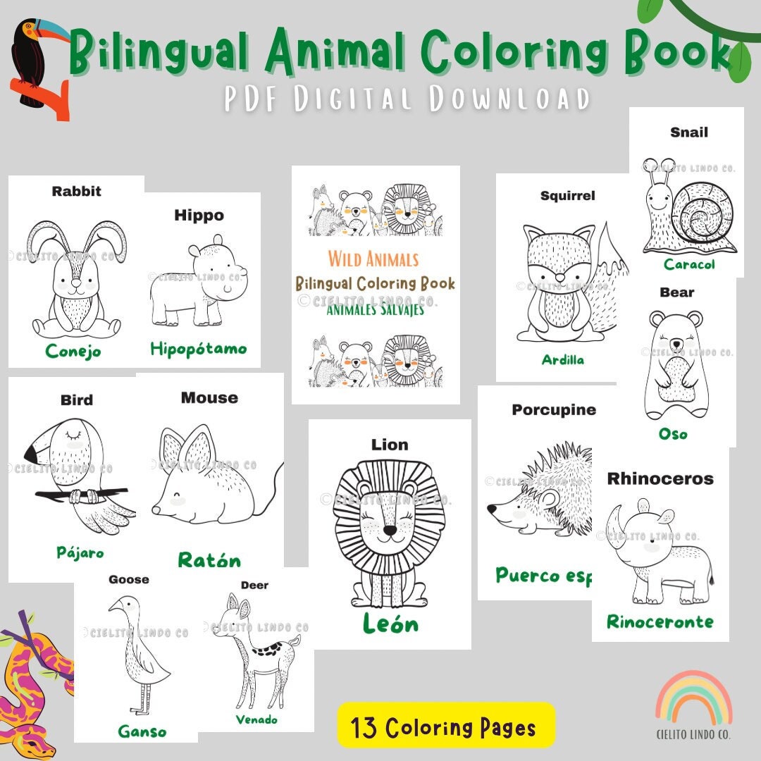 Bilingual Animal Coloring Book, Animal Color Book, Coloring Pages ...
