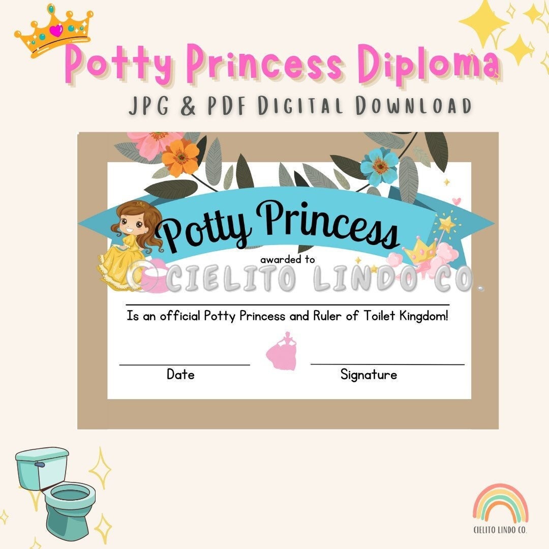 Potty Princess Diploma, Potty Training Girl, Potty Certificate, Potty ...