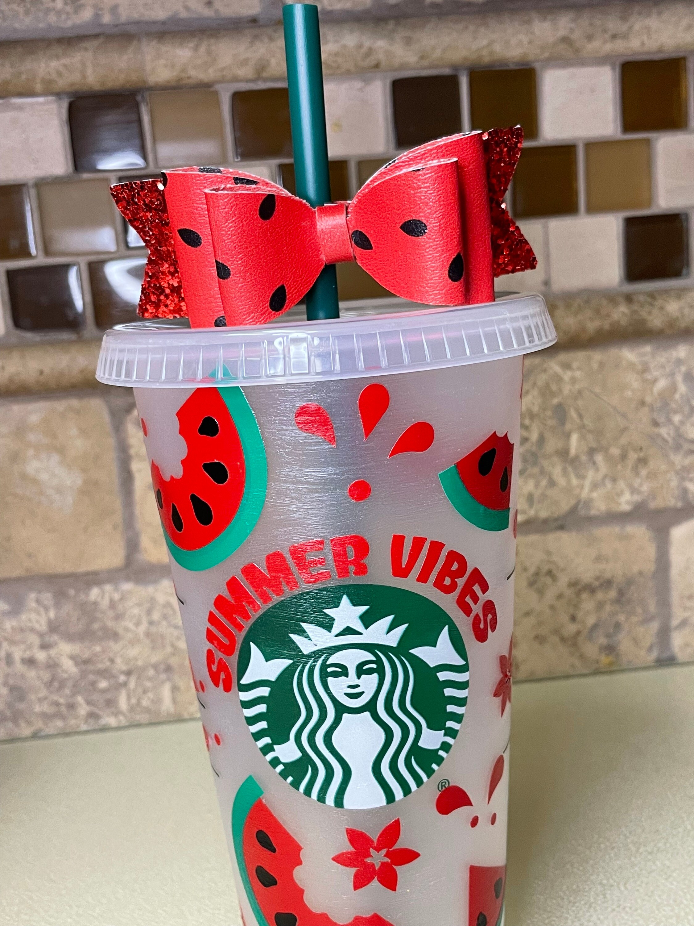 Straw Topper Bow Red Green Glitter Watermelon Summer Starbucks Tumbler ...