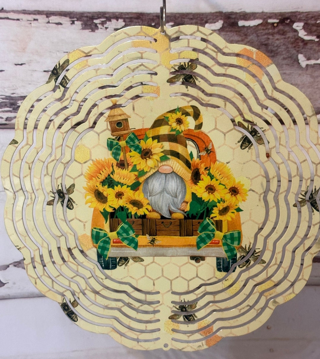 Gnome bees and Sunflowers Wind Spinner 3D Bee Hive Spinner Garden ...